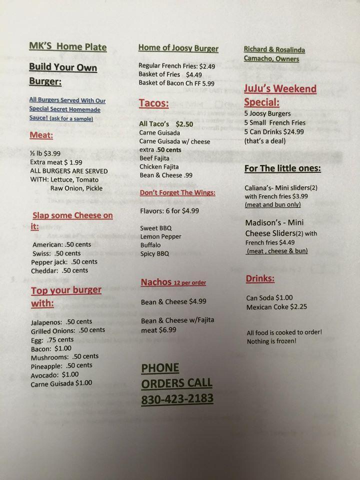 Menu at MK'S Homeplate restaurant, Hondo