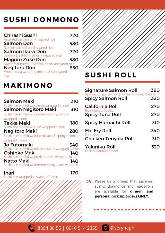 Menu at Seryna Japanese Restaurant, Makati, Chino Roces Ave