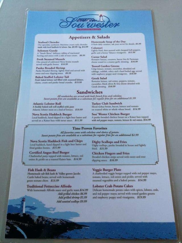 Menu at Sou’Wester Gift & Restaurant Company Ltd., Peggys Cove