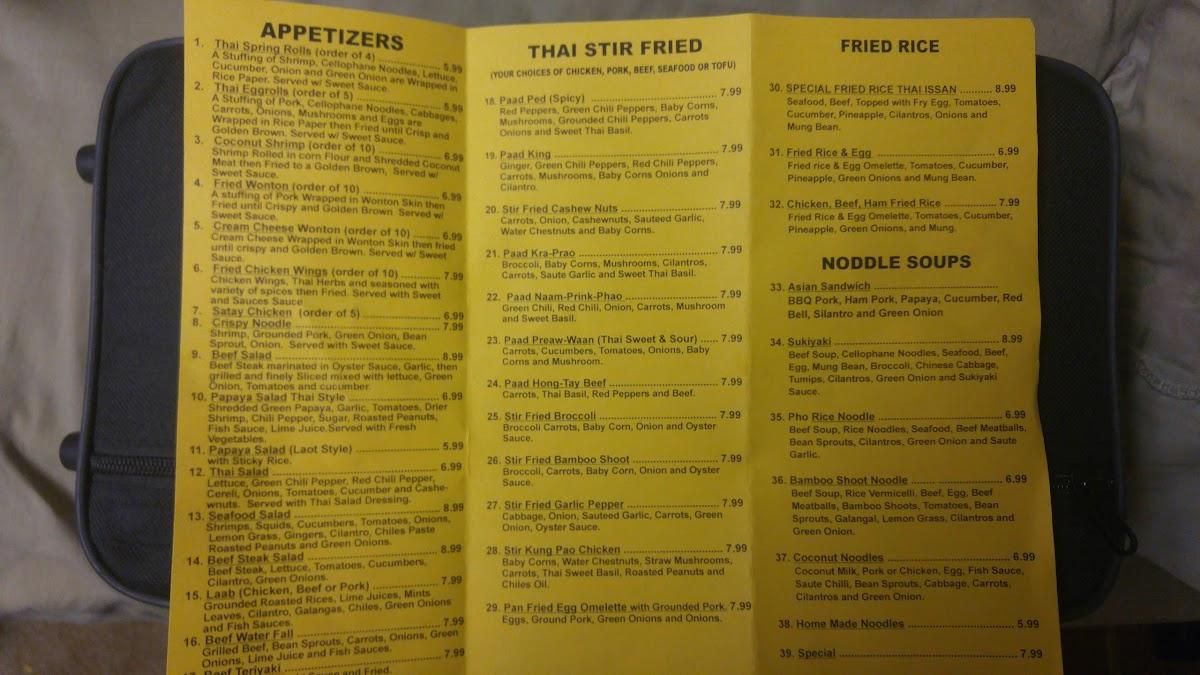 Menu at Thai Issan restaurant, Taylorsville