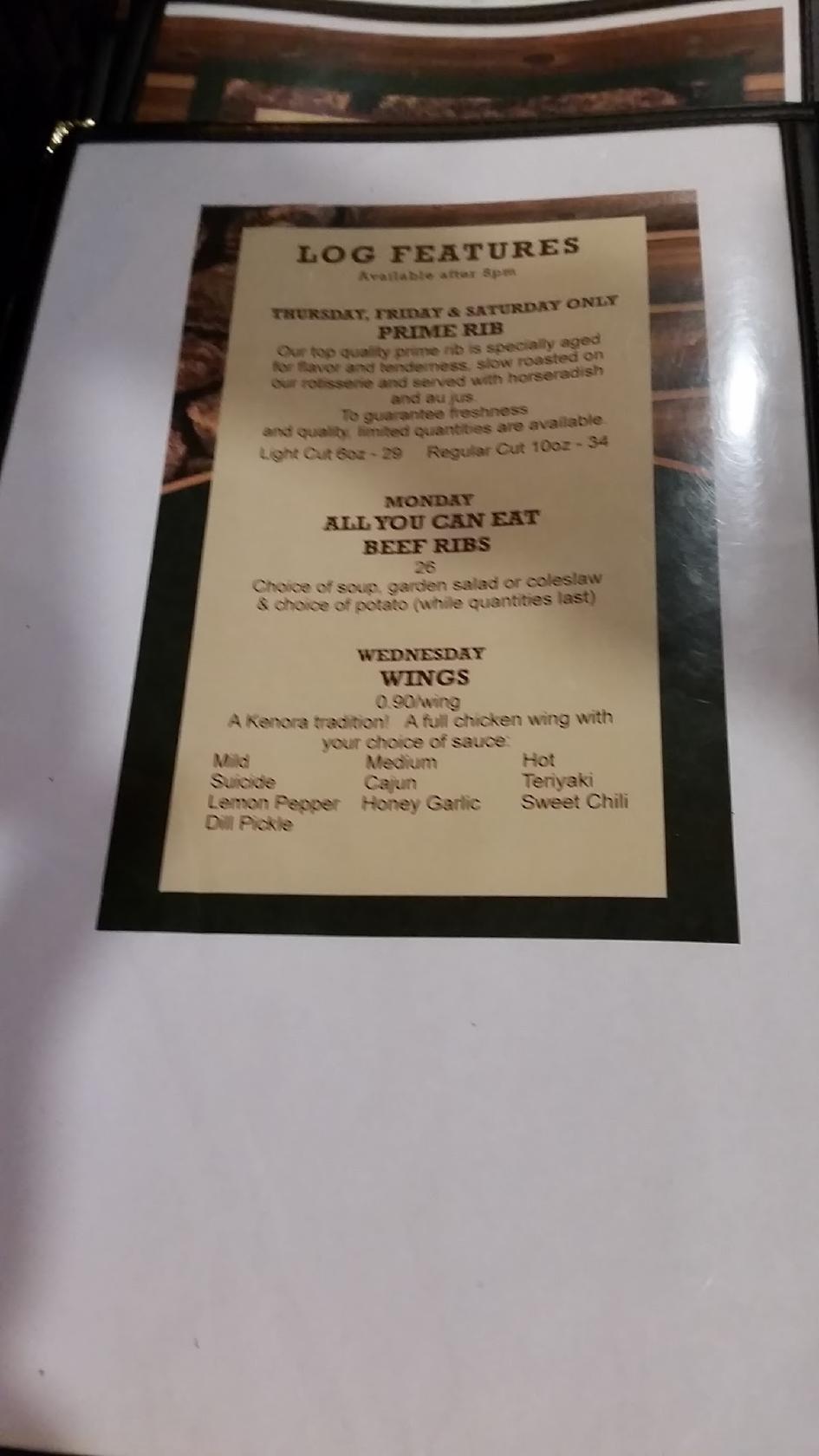 Menu at Log Cabin Tavern pub & bar, Kenora