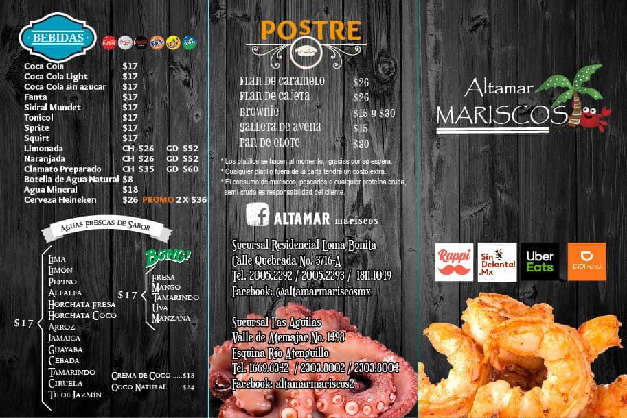 Menu at Mariscos Altamar steakhouse, Zapopan