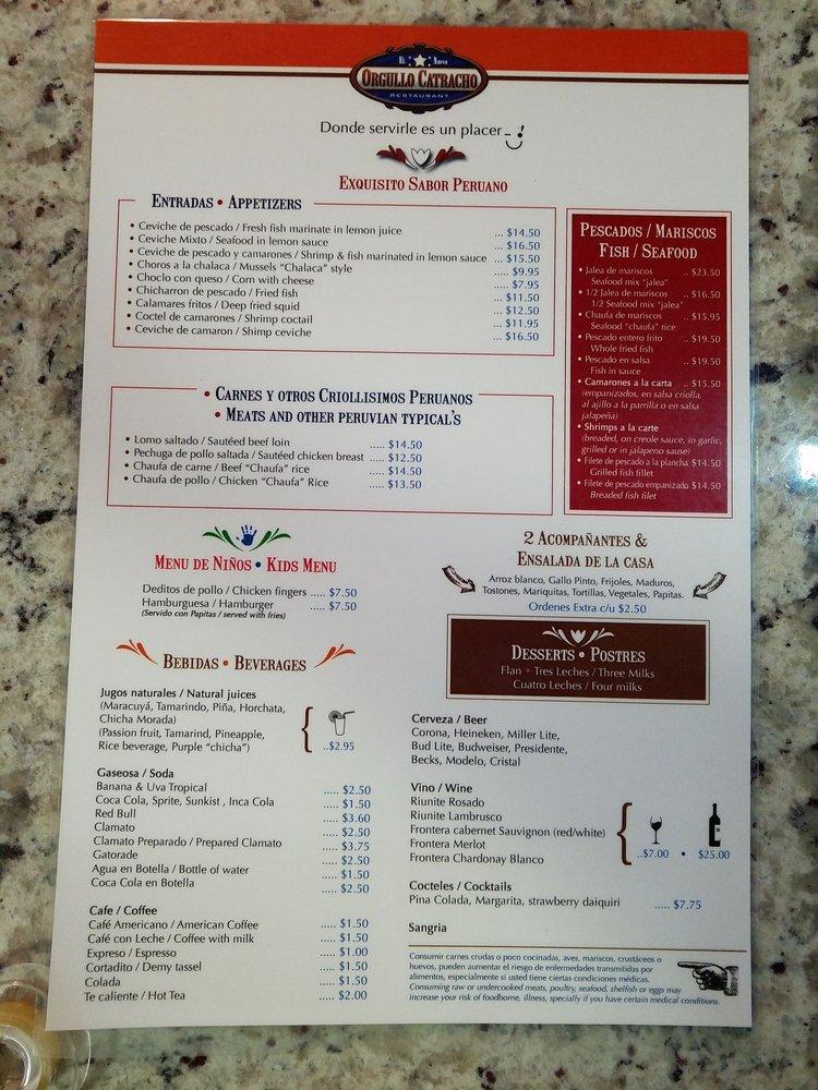 Menu at El Nuevo orgullo Catracho restaurant, Miami