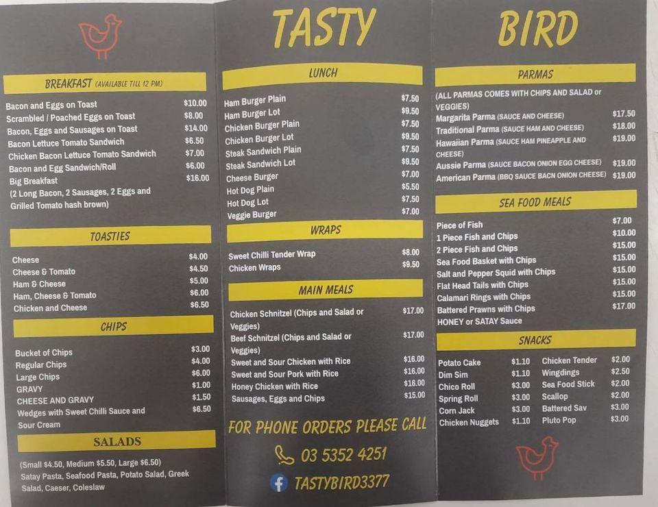 Menu at Tasty Bird restaurant, Ararat, 212 Barkly St