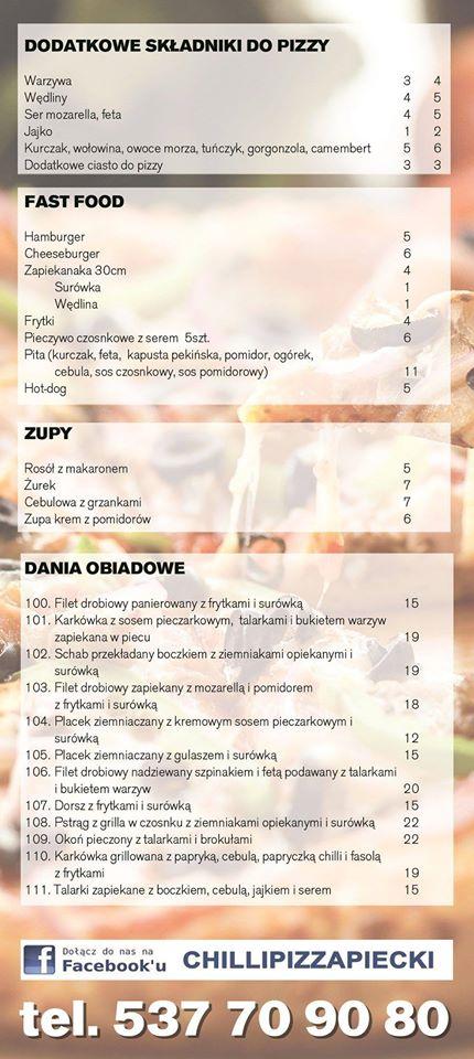 Menu at Chilli Pizza restaurant, Piecki