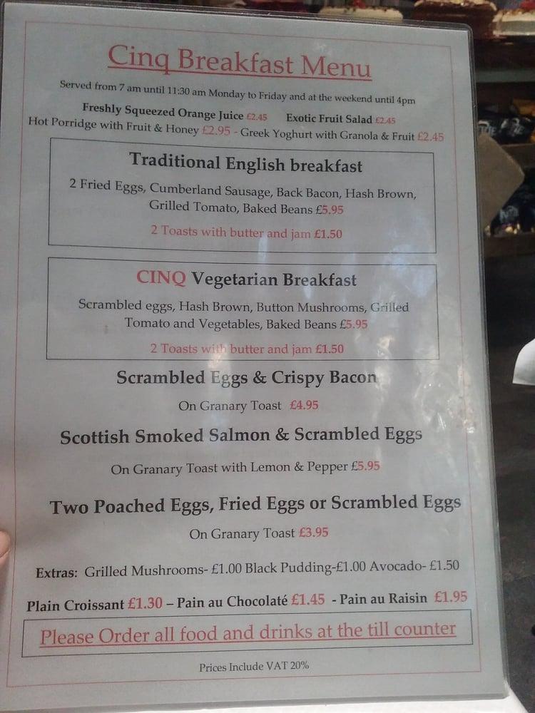 Menu at Cinq Restaurants, London, 16-17 Hay's Ln