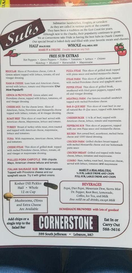 Menu at Cornerstone Subs & Pizza pizzeria, Lebanon