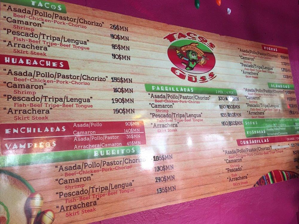 Menu at Guss Tacos restaurant, Cabo San Lucas, Blvd Lazaro Cardenas ...