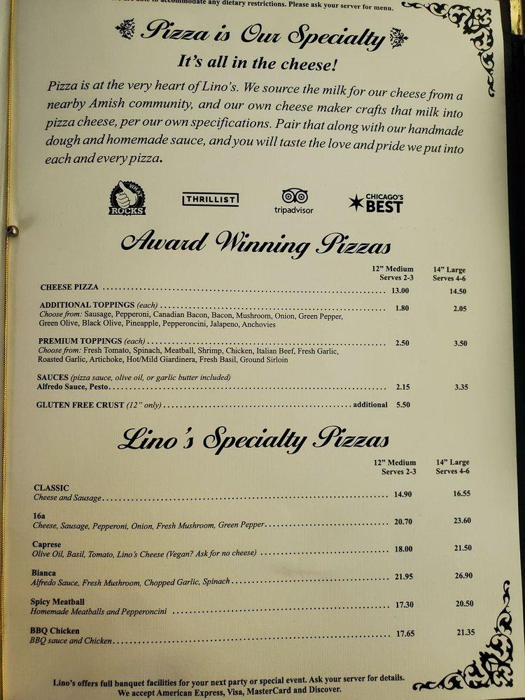 Menu at Lino's pizzeria, Rockford