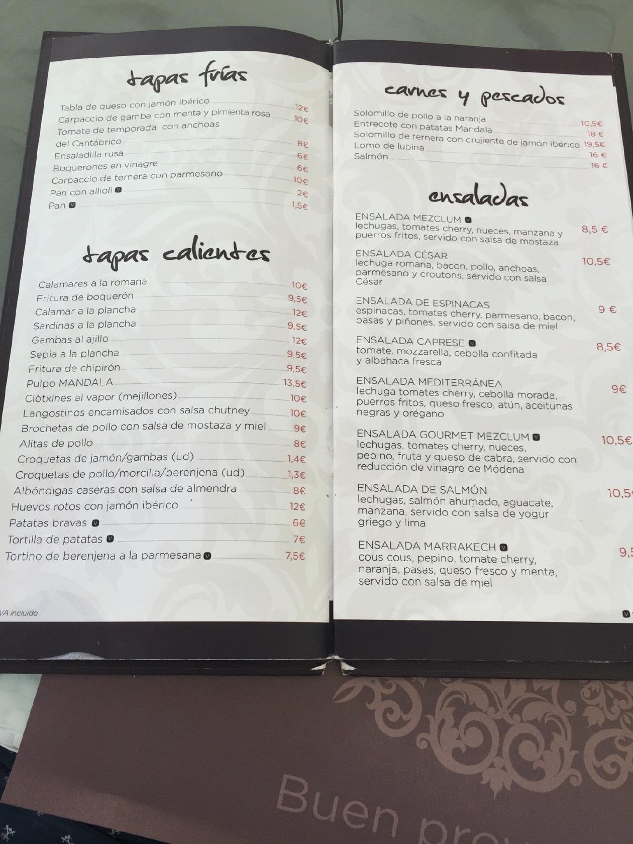 Menu at mandala BEACH BAR & RESTAURANT., Spain, Carrer del Navegant ...