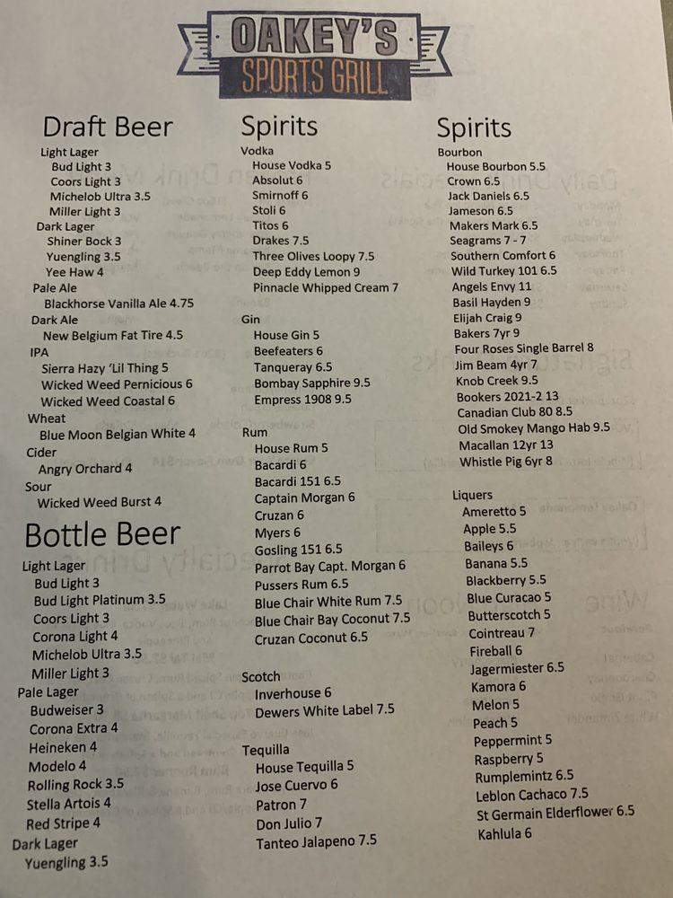Menu at Oakey's Sports Grill pub & bar, Oak Ridge