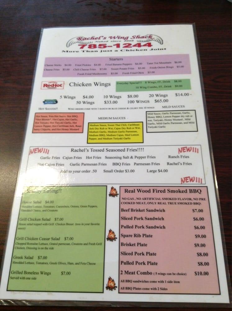 Menu at Rachel's wingshack restaurant, DeLand