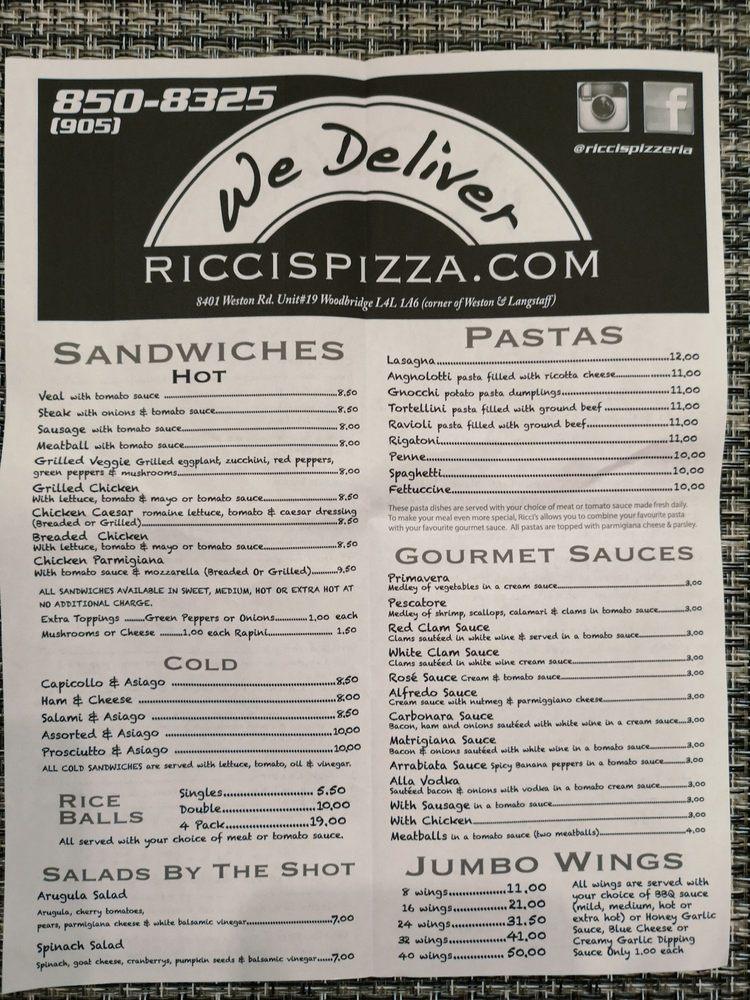 Menu at Ricci's Pizzeria & Sandwich Shoppe, Vaughan