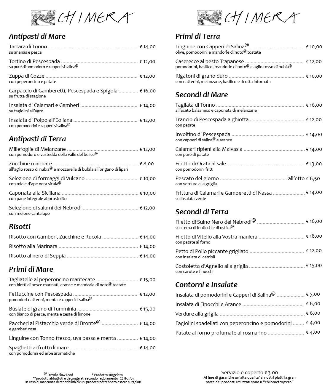Menu da Ristorante Chimera, Lipari