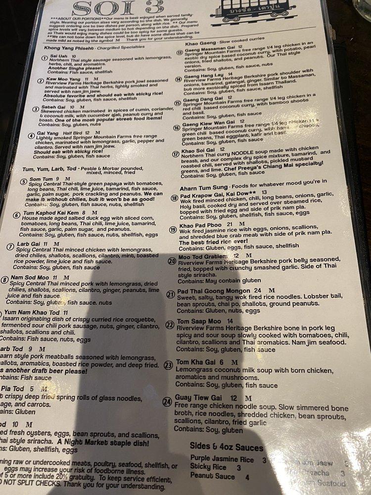 Menu at Soi 3 Thai Street Food restaurant, Kennesaw