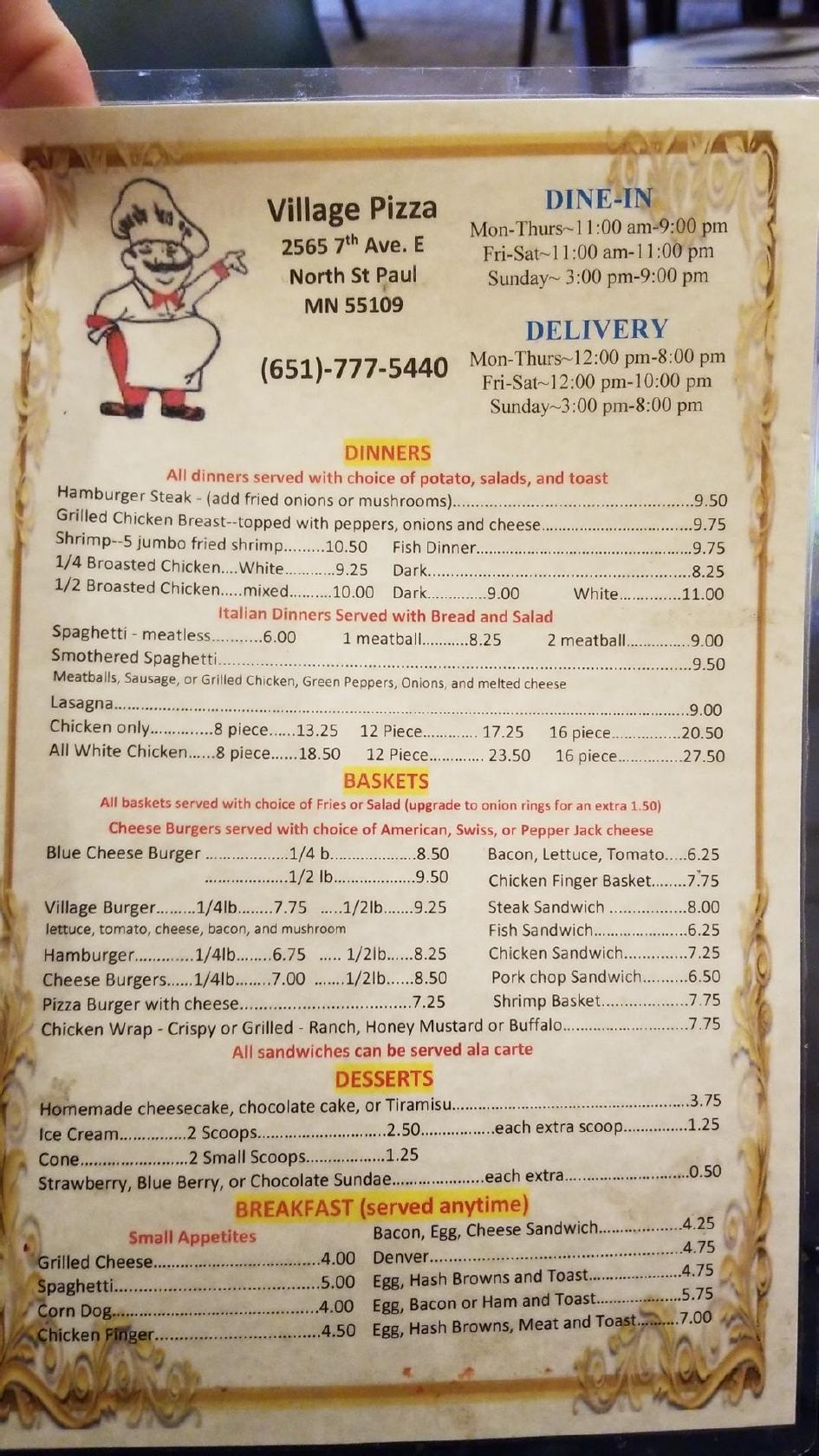 Menu at Village Pizza pizzeria, North Saint Paul