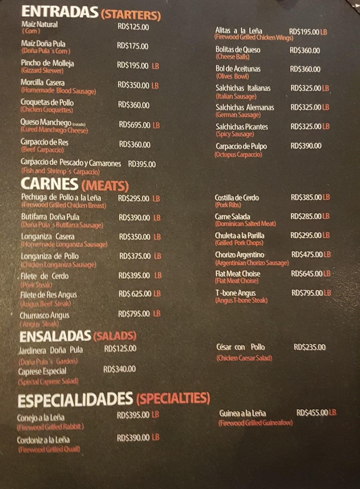 Menu at Asadero Doña Pula restaurant, Santiago De Los Caballeros, Aut ...