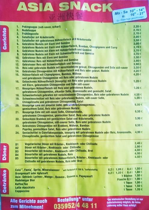 Menu at Asia Snack restaurant, Großröhrsdorf