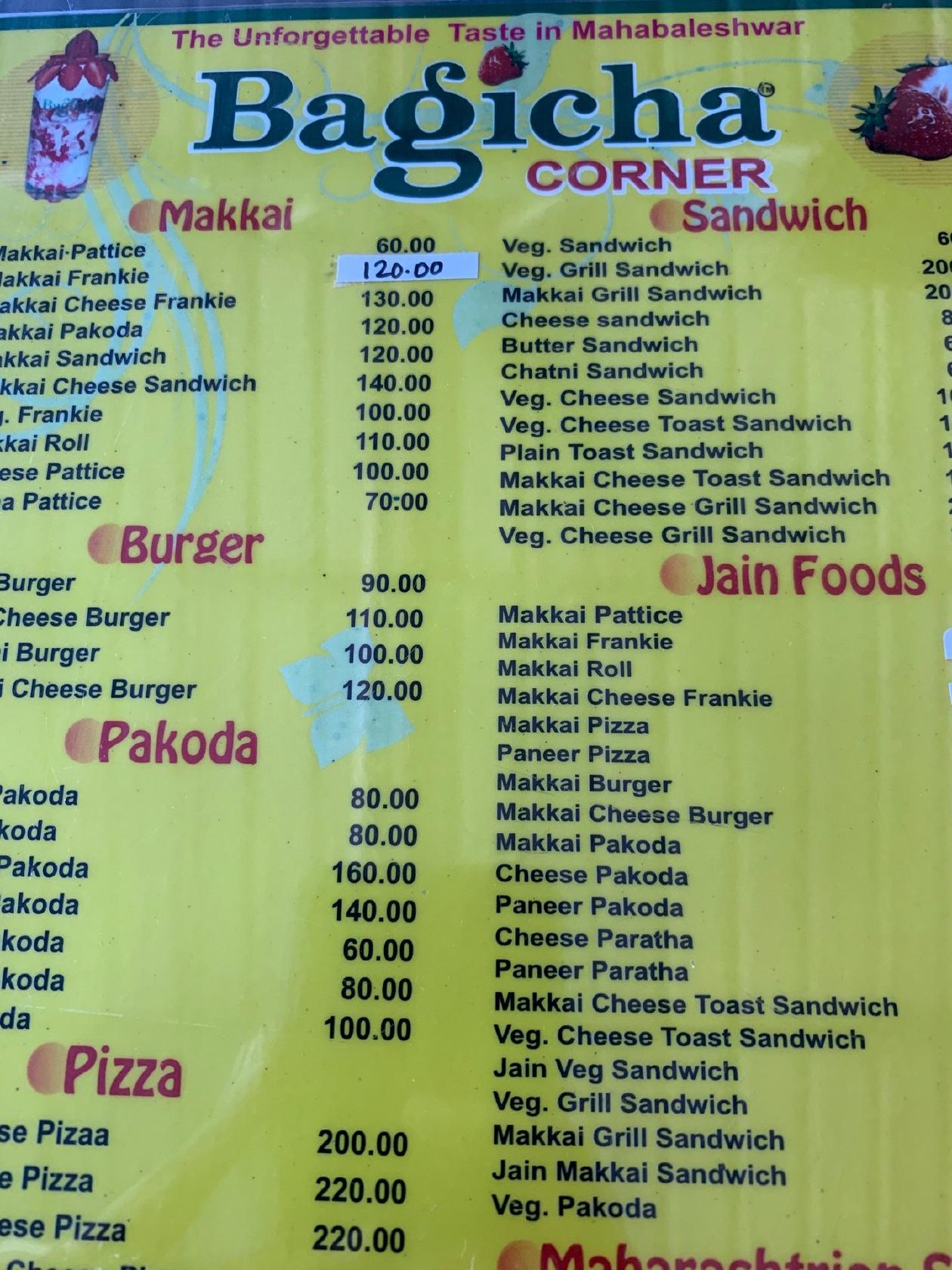 Menu at Bagicha Corner, Mahabaleshwar, WMPG+R78