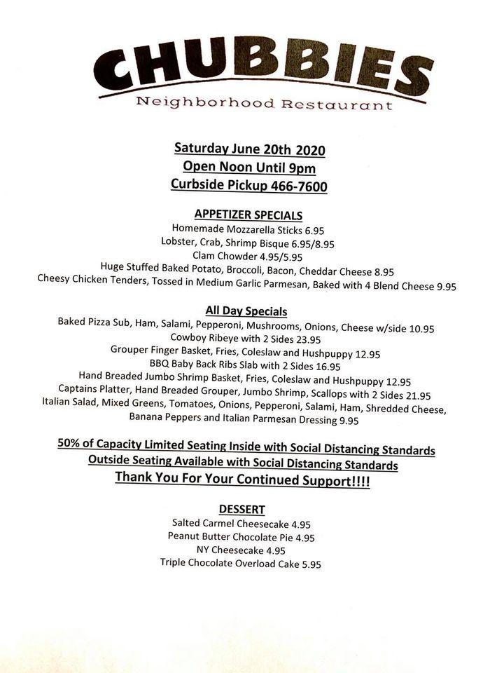 Carta del pub y bar Chubbies, Fort Pierce