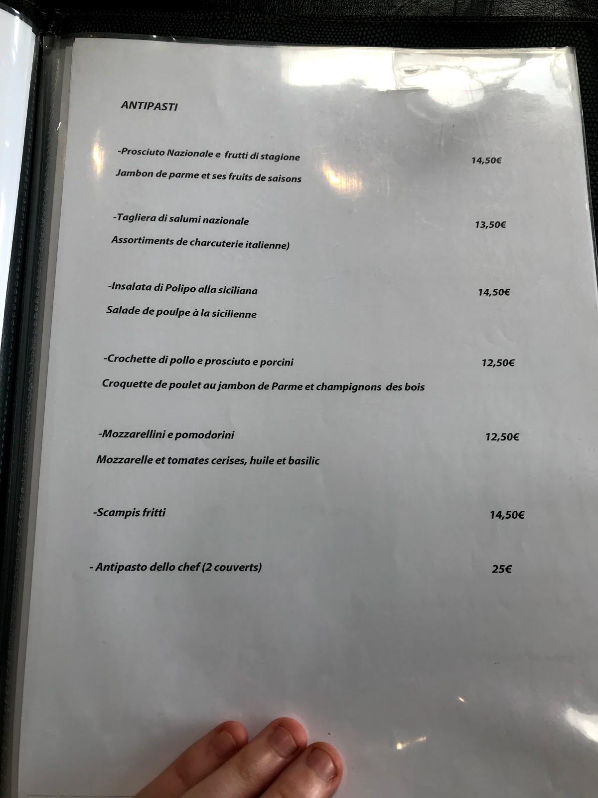 Menu at Cosi Com'e, Liège