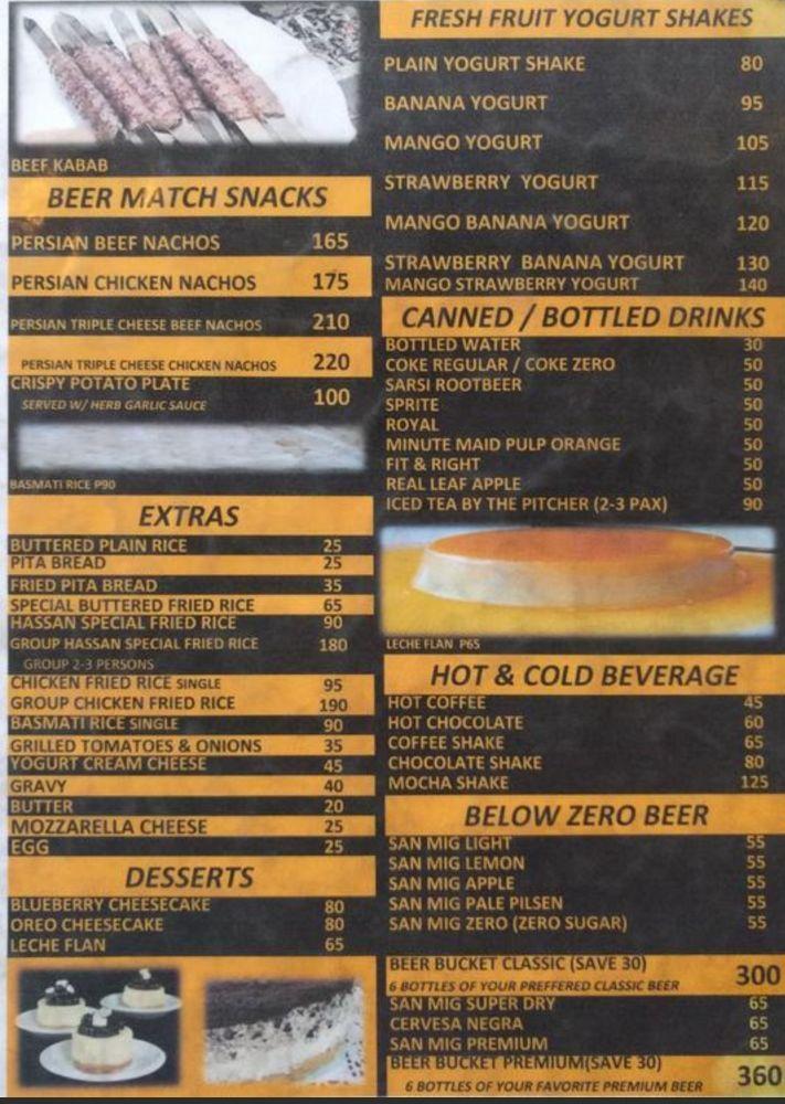Menu at Hassan Kabab and Steaks pub & bar, Quezon City, Katipunan Ave