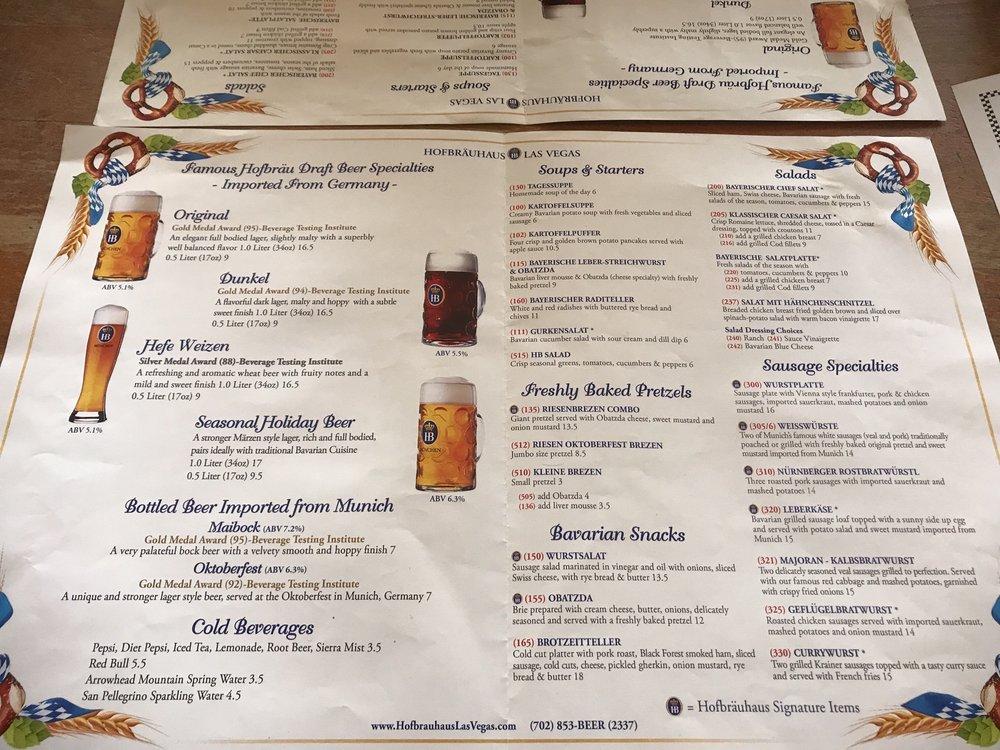 Menu at Hofbrauhaus Las Vegas pub & bar, Las Vegas, Paradise Rd