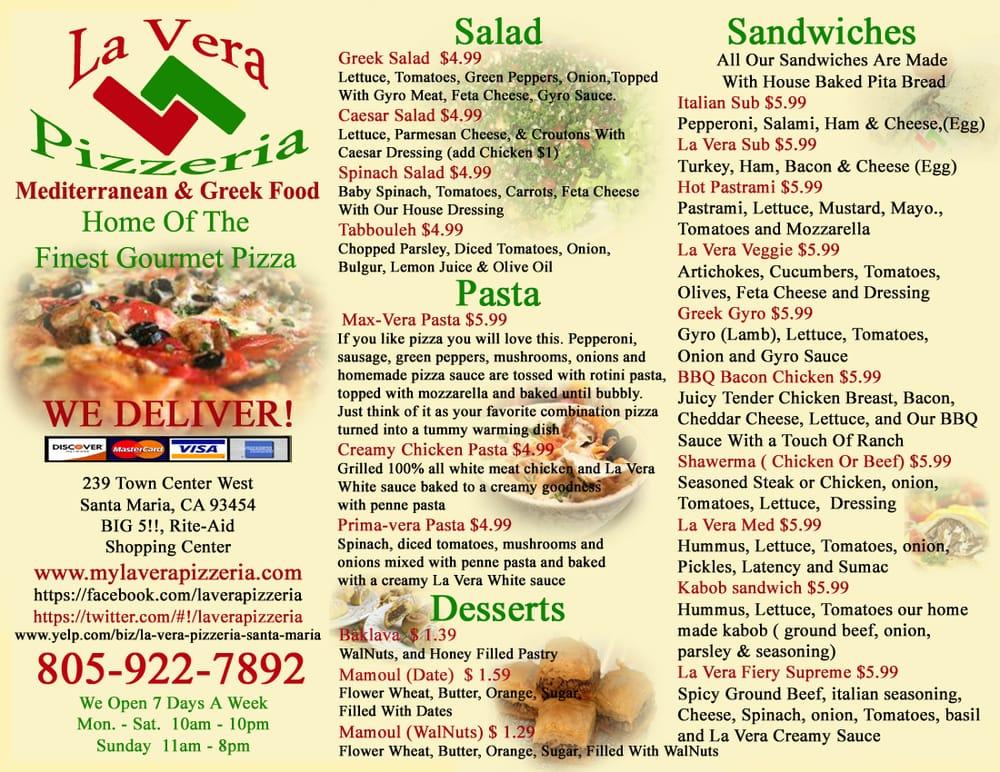 Menu at La Vera Pizzeria, Santa Maria