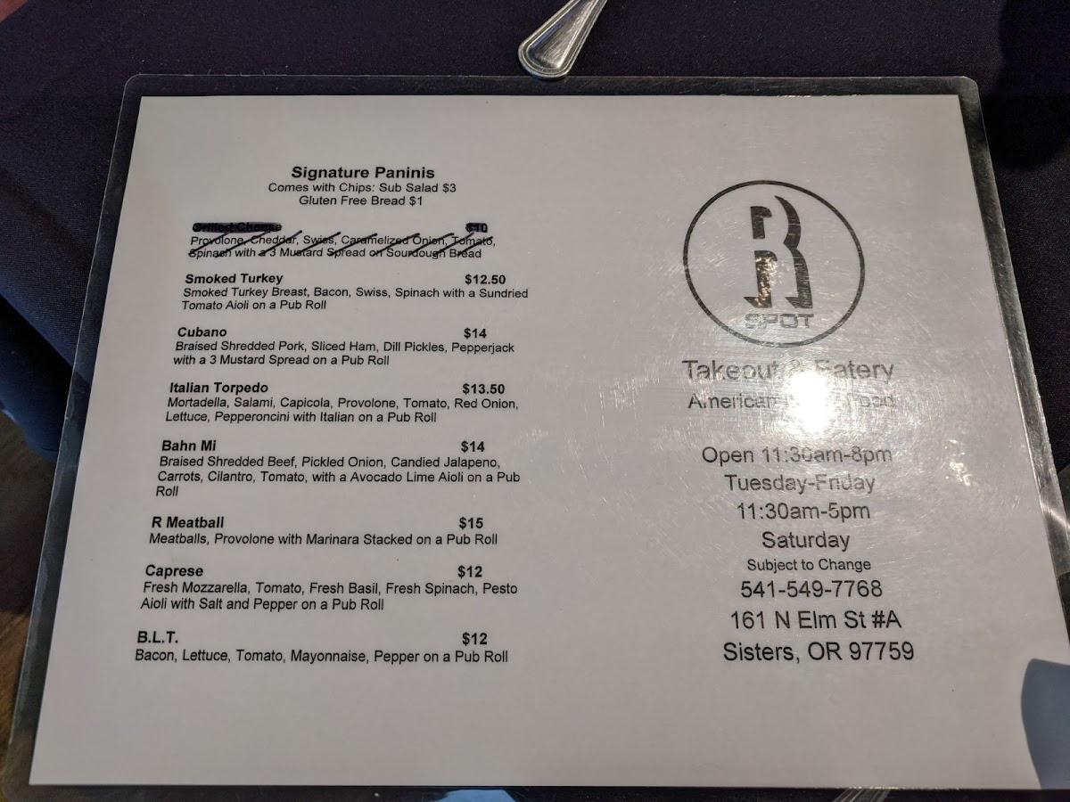 Menu at R Spot Takeout and Eatery restaurant, Sisters
