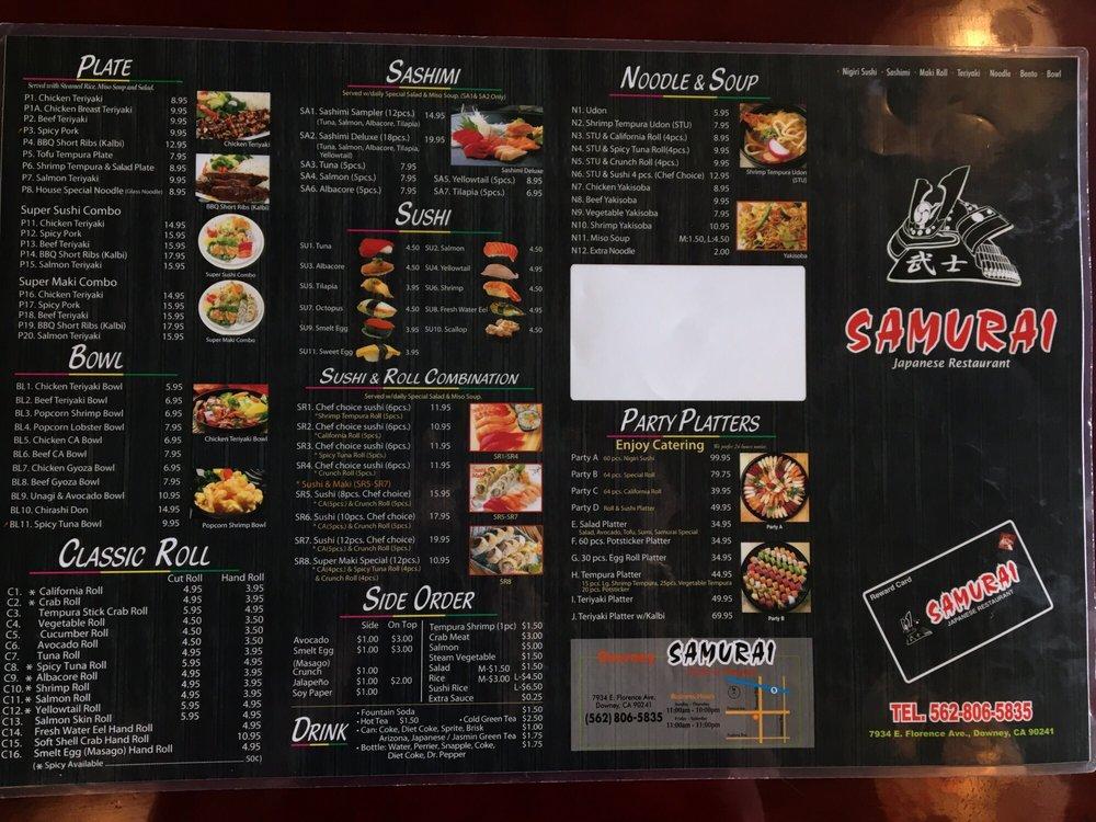 Menu at Samurai Sushi restaurant, Downey