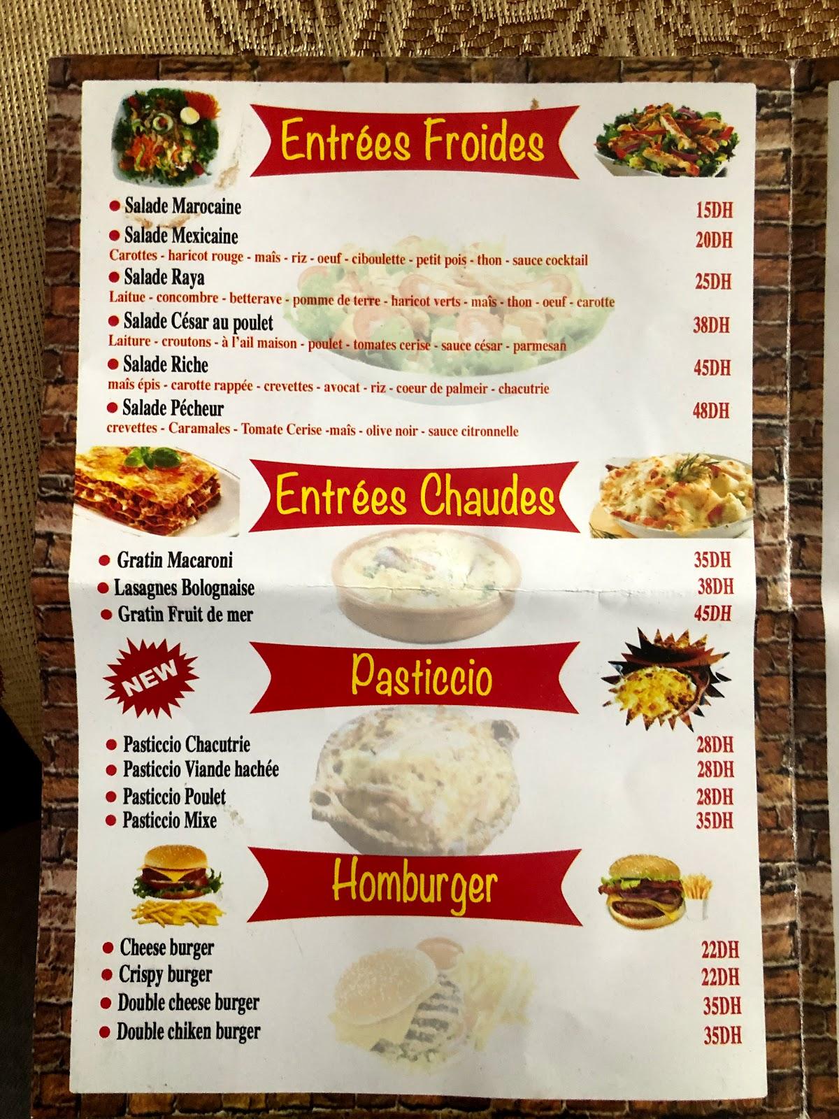 Menu au Snack Raya restaurant, Casablanca