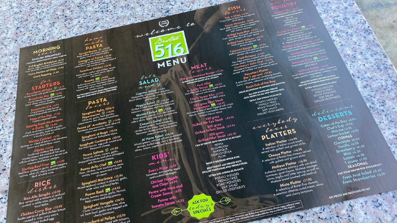 Menu at Bistro 516 restaurant, Floriana