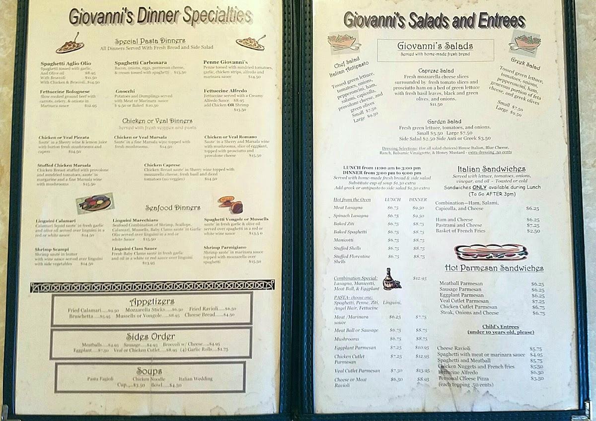 Menu at Giovanni's pizzeria, The Villages