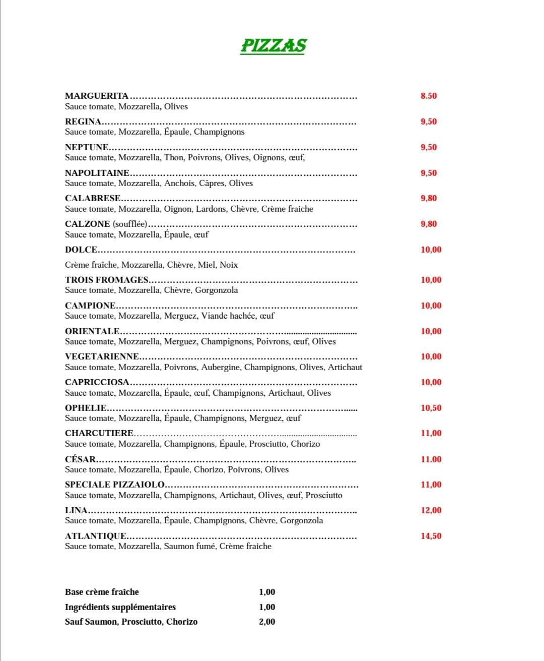 Menu at Relais Parmentier (Pizza Lina) restaurant, Paris