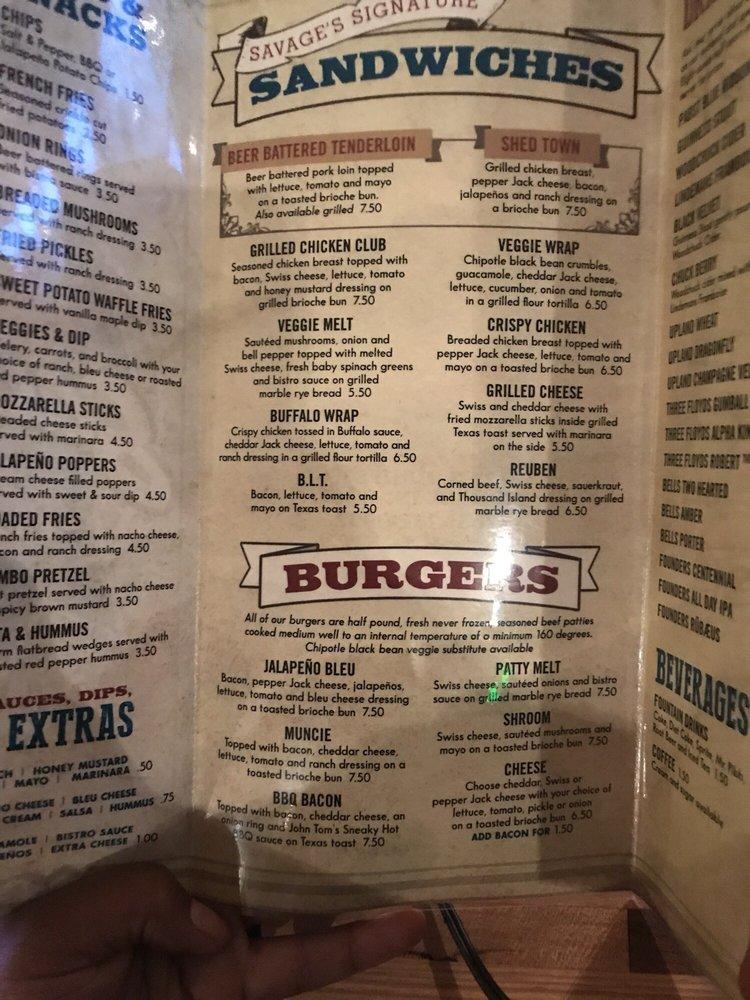 Menu at Savage's Ale House pub & bar, Muncie