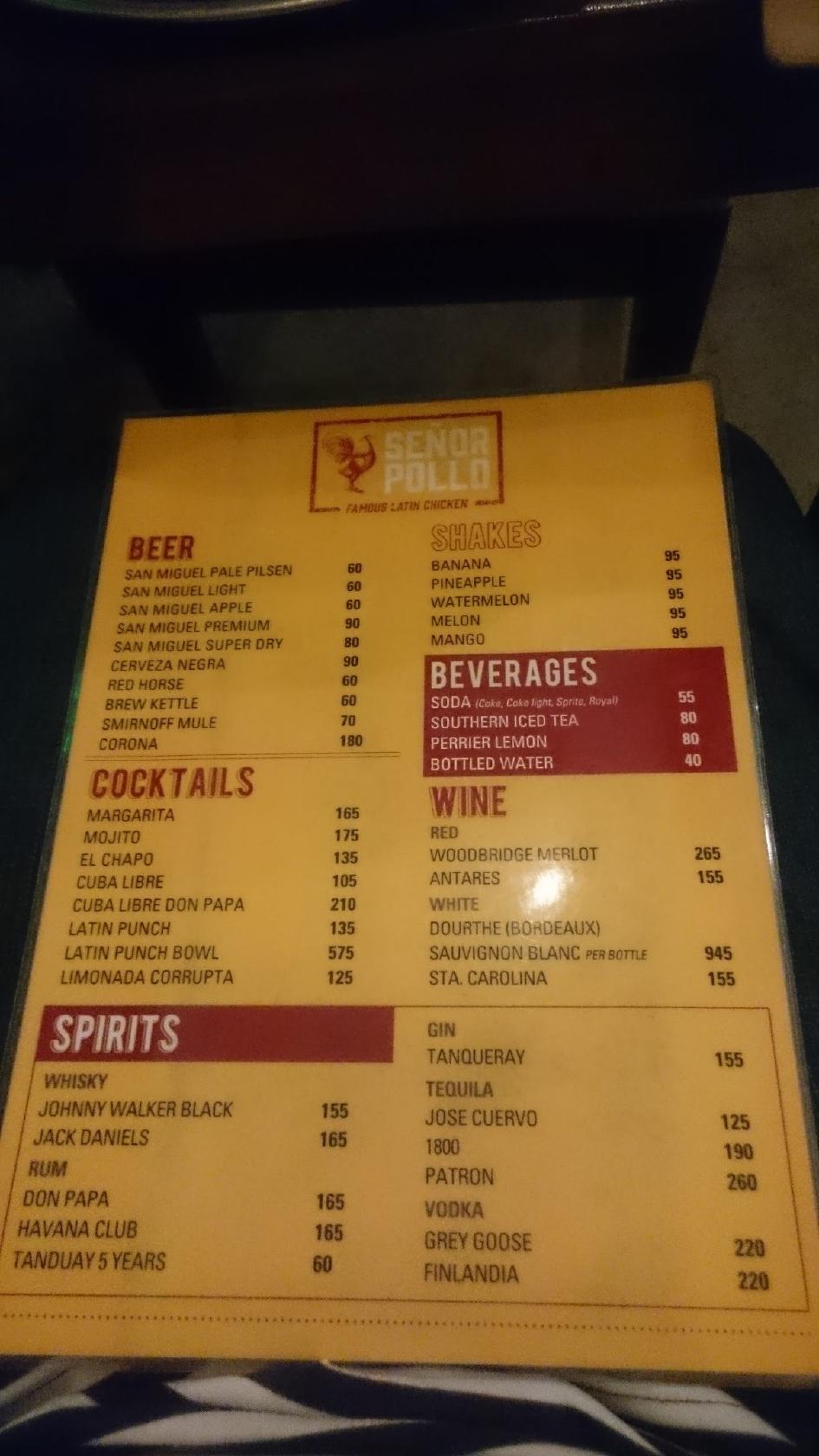 Menu at Señor Pollo restaurant, Pasig