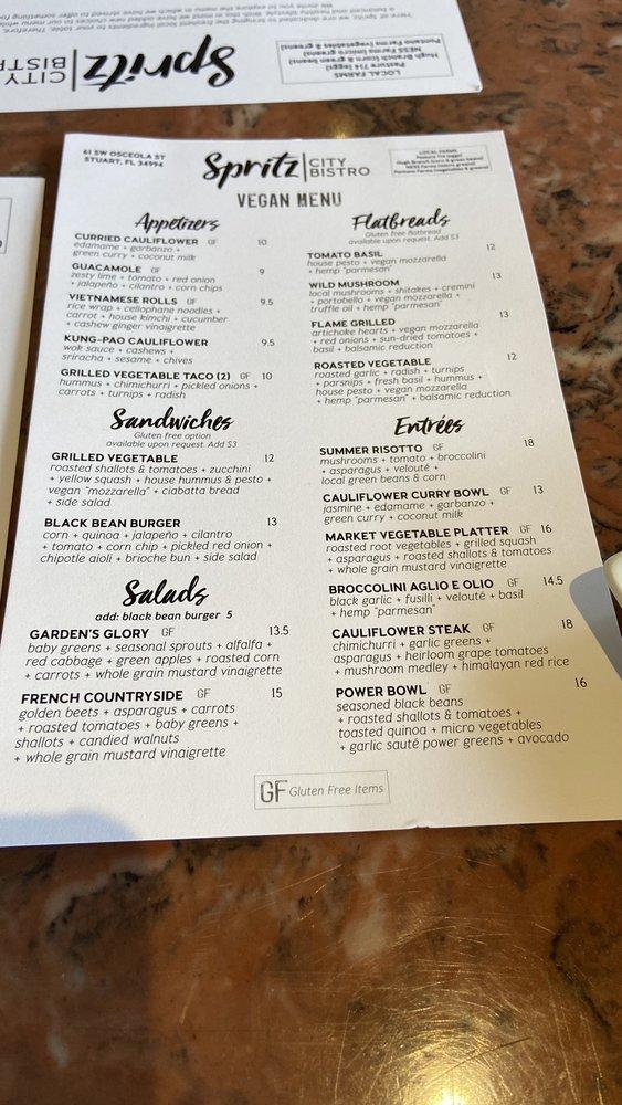 Menu at Spritz City Bistro restaurant, Stuart