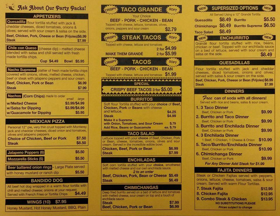Menu at Taco Bandido restaurant, Scranton