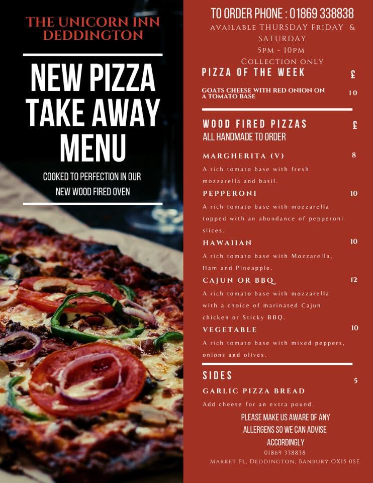 Menu at UNICORN INN DEDDINGTON pub & bar, Adderbury
