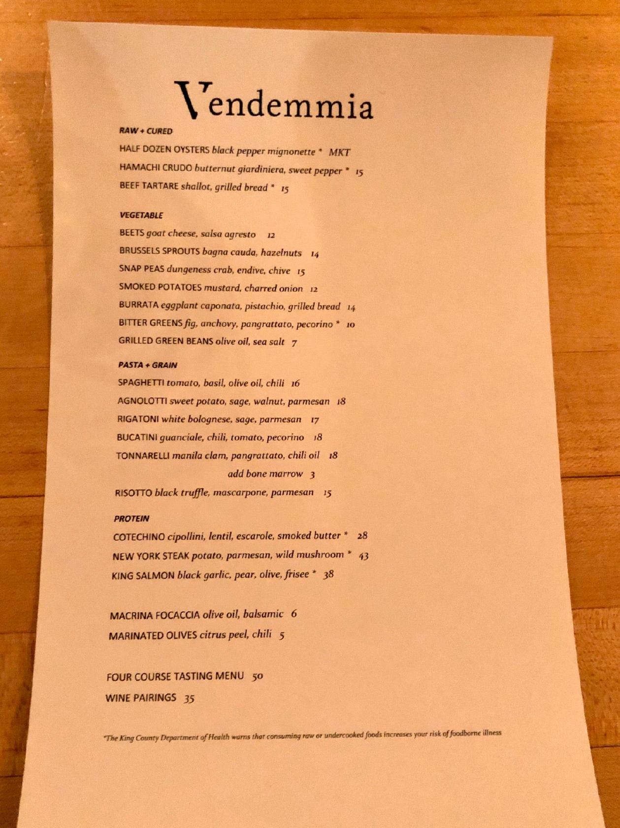Menu at Vendemmia restaurant, Seattle