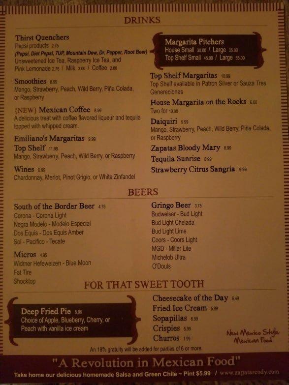 Menu at Zapata's restaurant, Cody, Sheridan Ave