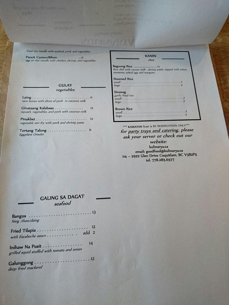 Menu at Kulinarya Filipino Eatery restaurant, Coquitlam