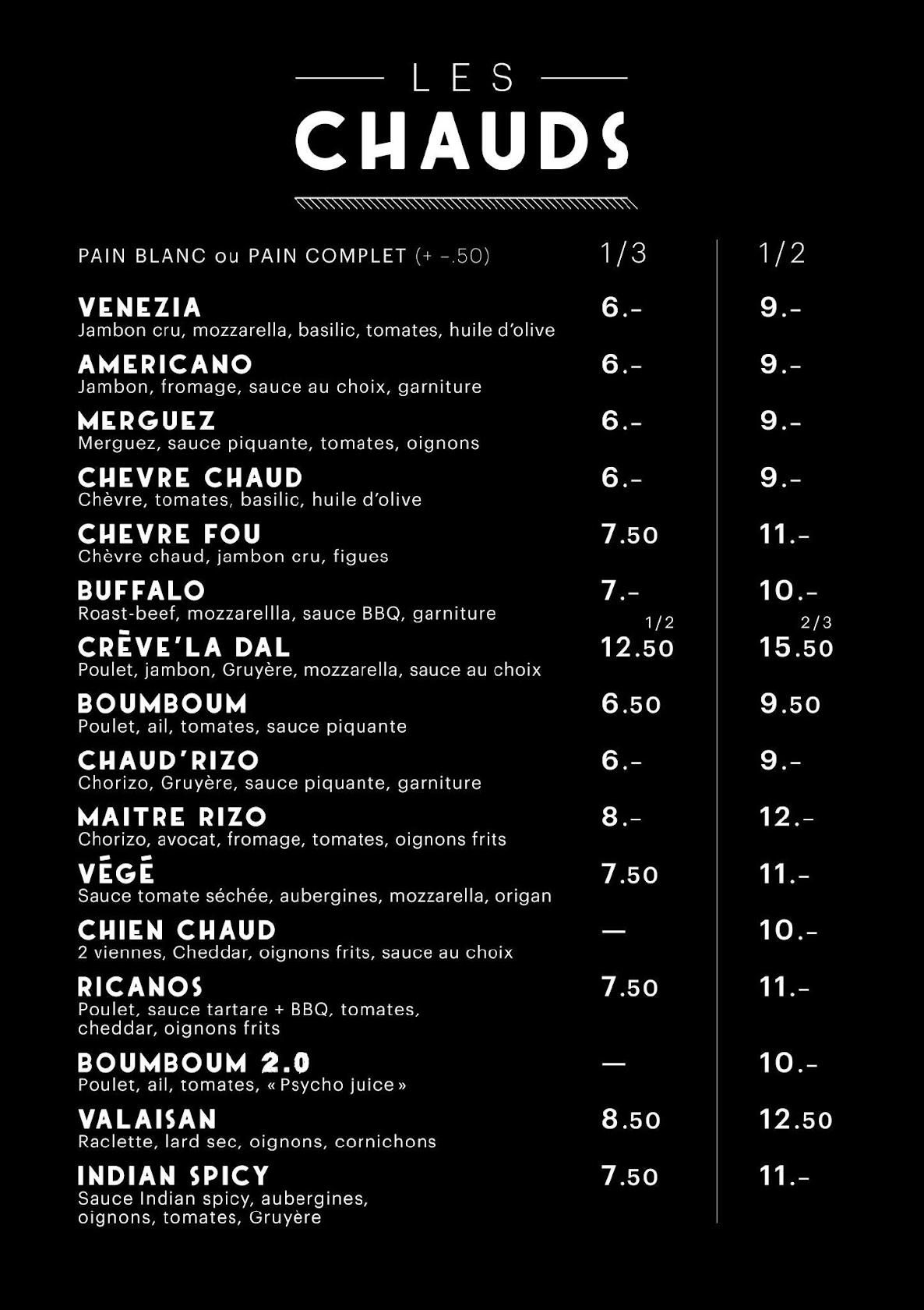 Menu at Le Charlot, Lausanne, Rue Pichard 8