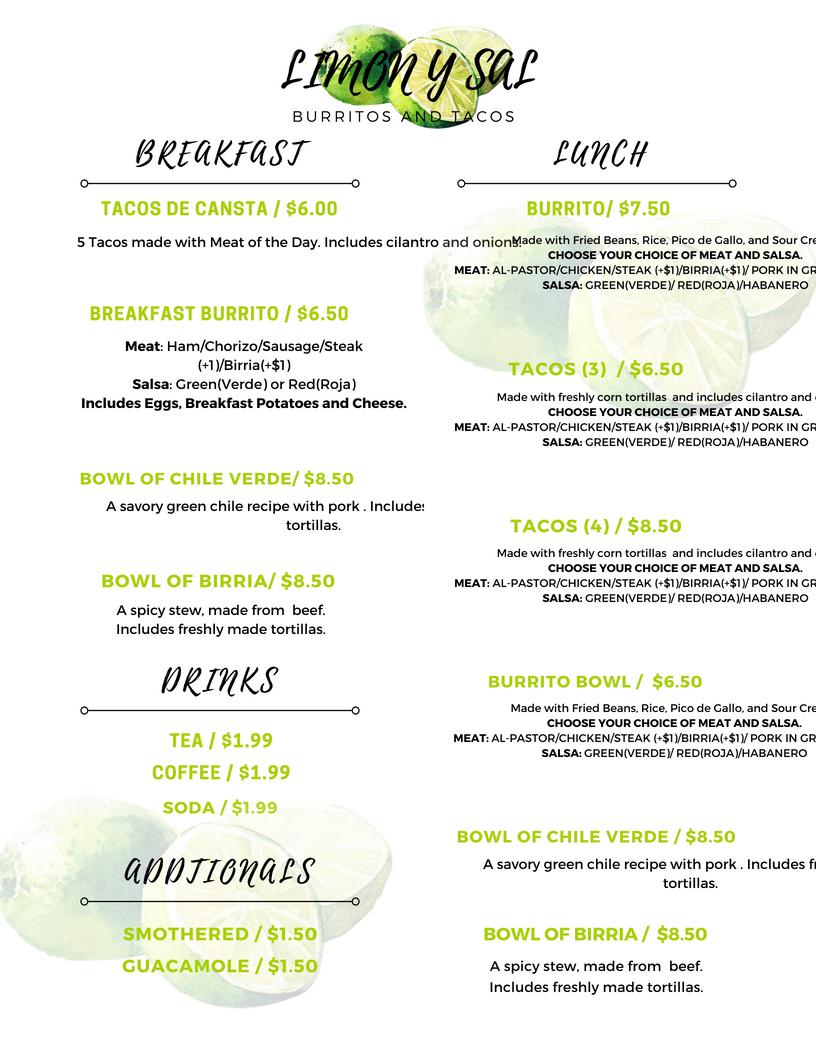 Menu at Limon y Sal Mexican Restaurant, Denver