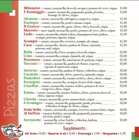 Menu au Pizza Taxi, Bastogne