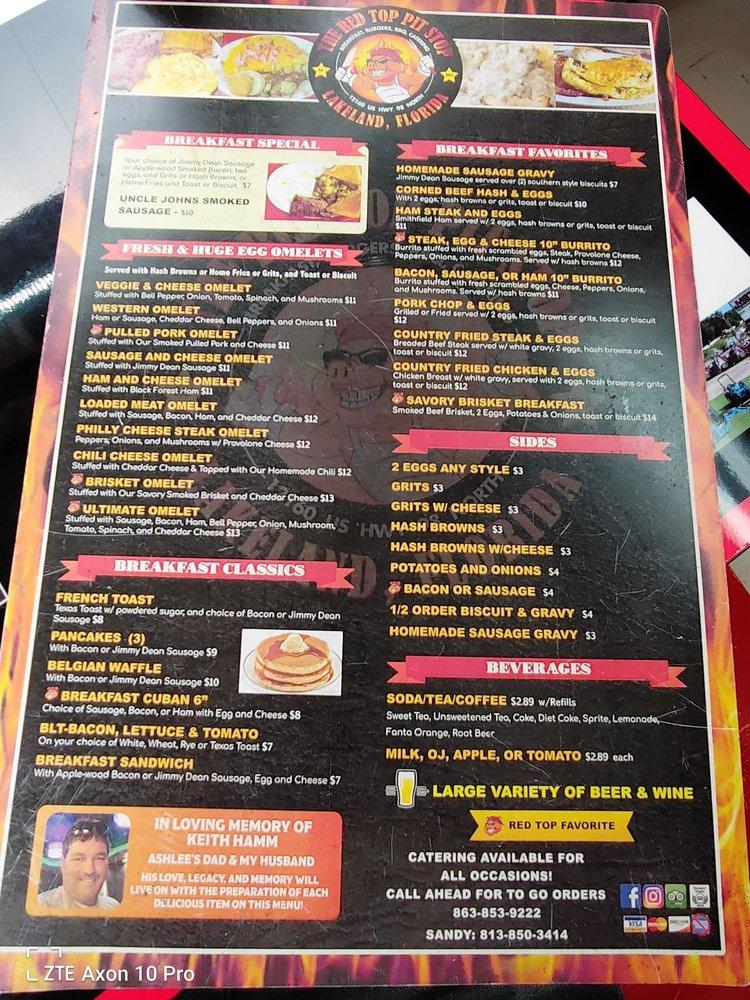 Menu at The Red Top Pit Stop BBQ, Lakeland, US Hwy 98 N