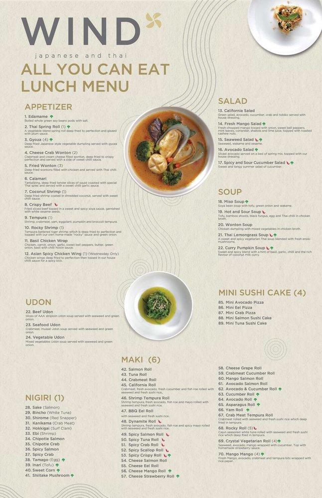 Menu at WIND Japanese and Thai restaurant, Mississauga