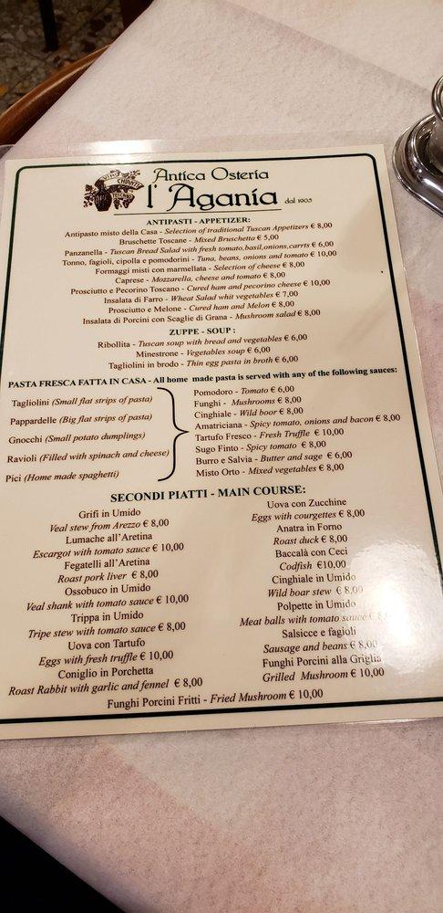 Menu at Antica Osteria l'Agania restaurant, Arezzo