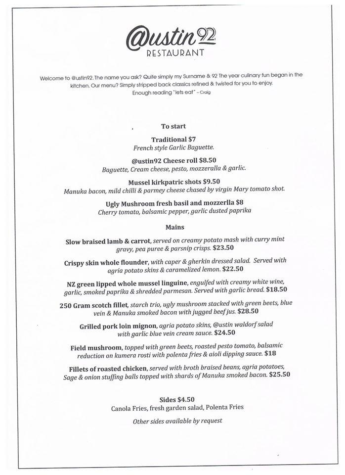 Menu at Austin 92 Resturant restaurant, Temuka