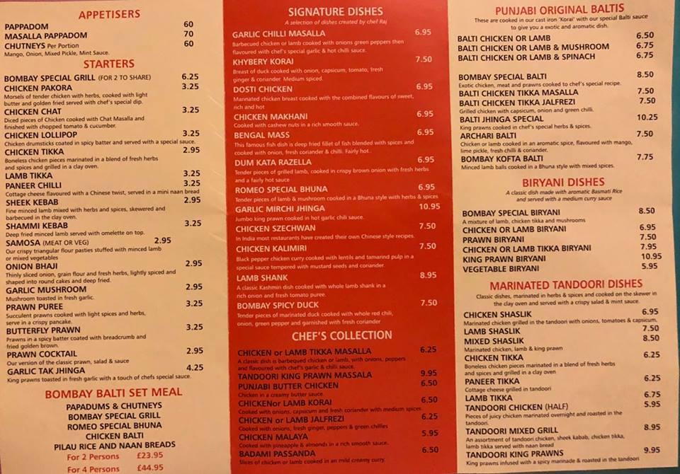 Carta del restaurante Bombay Balti, Merthyr Tydfil, 3-4 Pontmorlais ...